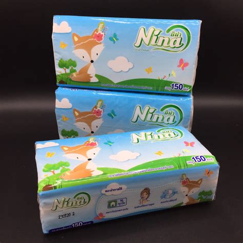 กระดาษทิชชู่ กระดาษเช็ดหน้า นีน่า Nina เยื่อใหม่ 100 สะอาด ปลอดภัย แพ็ก 3 ห่อ 450 แผ่น Shopee