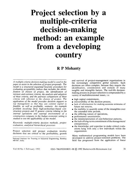 pdf project selection by a multiple criteria decision making method