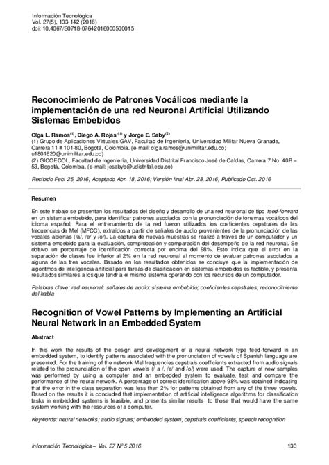 Pdf Reconocimiento De Patrones Vocálicos Mediante La Implementación De Una Red Neuronal