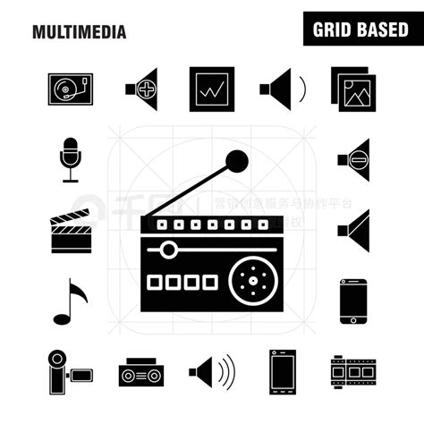 多媒体免抠元素 用于web，打印和移动ux Ui套件的多媒体实体字形图标如：手机，电话，智能手机，电话，相机，文件，照片，幻灯片，象形图包 矢量 素材免费下载 1500像素 Eps格式 编号