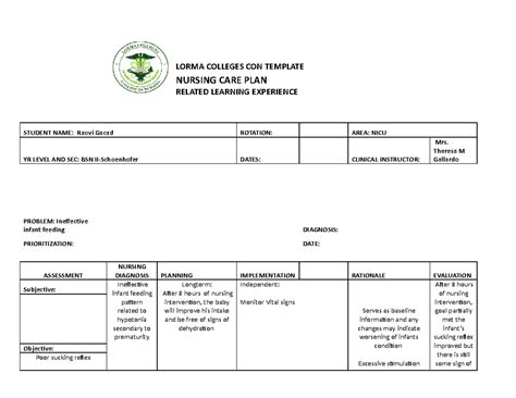 Ncp Nursing Document Lorma Colleges Con Template Nursing Care Plan Related Learning Experience