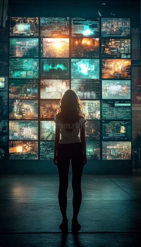 Woman Monitoring Security Footage And Surveillance On Multiple Screens In A Control Room Stock