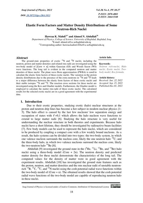 Pdf Elastic Form Factors And Matter Density Distributions Of Some Neutron Rich Nuclei