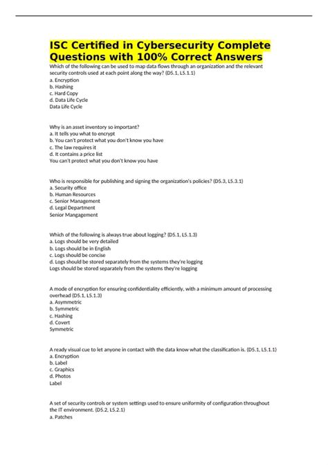Isc Certified In Cybersecurity Complete Questions With 100 Correct