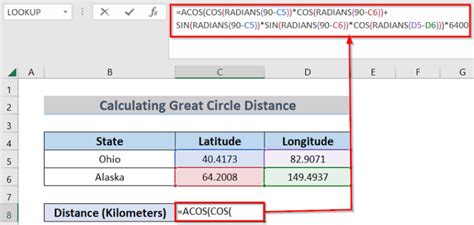 how to find great circle distance using excel formula