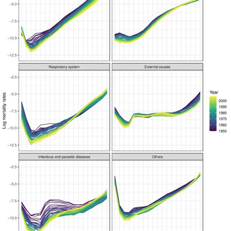 Us Male Log Mortality Rates As A Function Of Age Group Across Six