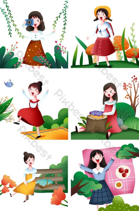 봄 여행 소녀 컬렉션 일러스트 일러스트 Png Psd 무료 다운로드 Pikbest