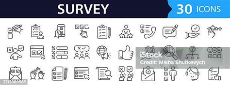선 스타일에 설정된 설문조사 웹 아이콘입니다 피드백 수집 선형 아이콘 질문 의견 만족도 의견 연구 검토 만족도 작업 설문 조사