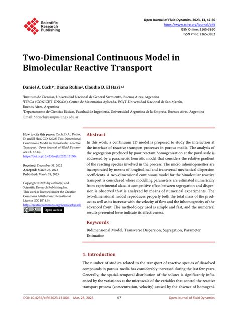 Pdf Two Dimensional Continuous Model In Bimolecular Reactive Transport