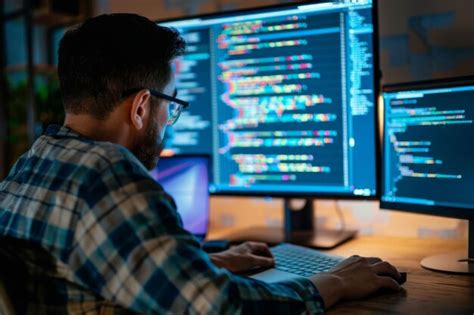 Focused Software Developer Working Late At Night Coding On Dual Monitors In A Modern Home Office
