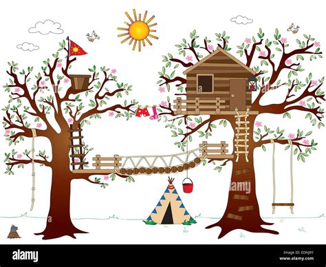 Illustration Of Tree House With Swing Stock Photo Alamy