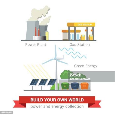 평면 스타일 파워 에코 친화적인 녹색 에너지 개념 아이콘 설정합니다 발전소 굴뚝 연기가 자욱한 스모그 가스 리필 역 태양 배터리 바람 선반 별도 폐기물 컬렉션입니다