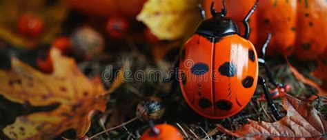 Bright Orange Ladybug On Autumn Leaves In A Garden Setting Stock