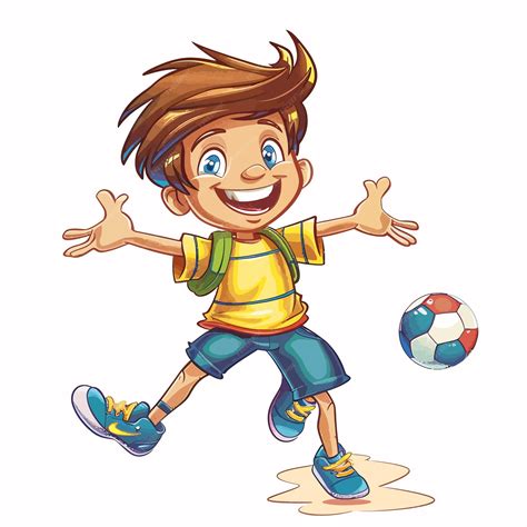 Счастливый милый мальчик играет в волейбол Премиум векторы