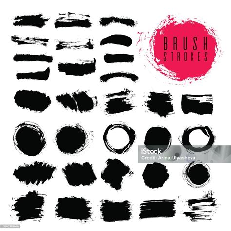 텍스트를 삽입 하려면 브러시 획의 벡터를 설정 합니다 그런 지 디자인의 요소입니다 그림 그리기 흰색 배경에서 블랙 컬러 개체 그룹에 대한 스톡 벡터 아트 및 기타 이미지