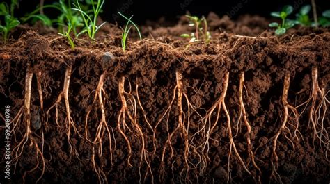 Roots Of Plant Growing Underground Close Up Layers Of Soil Cross Generative AI Stock