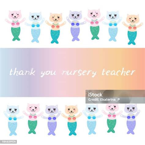 유아반 교사님 감사합니다 분홍색 뺨 흰색 파란색 핑크 라일락 배경 판타지 고양이 인어 재미 가와이얼굴 인사말 카드 디자인 텍스트 프레임 복사 공간에 사용할 수 있습니다 벡터
