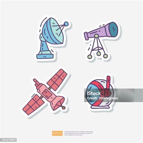 위성 안테나 우주 망원경 위성 우주선 우주 비행사 헬멧 낙서 스티커 아이콘 세트 우주 모험과 우주 벡터 그림 개체 그룹에 대한 스톡 벡터 아트 및 기타 이미지 Istock
