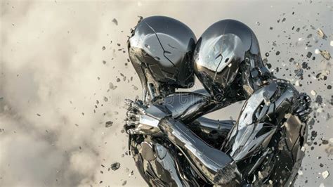 3d Rendering Of Two Statues Of Silver Humanoid Androids Hugging Each