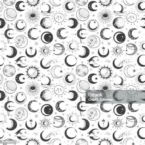 달과 초승달이 있는 매끄러운 패턴 벽지 패턴 채우기 섬유 웹 페이지 배경 표면 질감에 사용할 수 있습니다 달 하늘에 대한 스톡