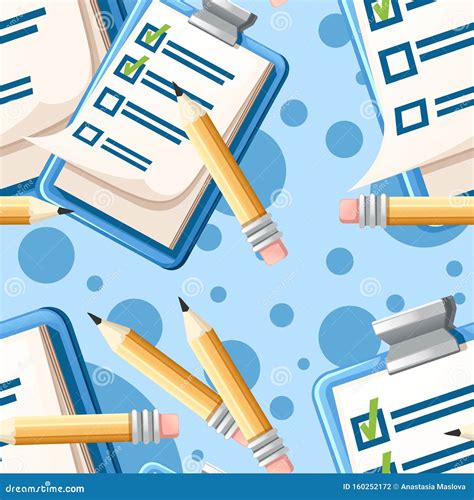 Seamless Pattern Of Clipboard With Checklist Flat Vector Illustration On Blue Background Stock