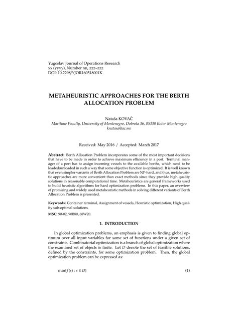 Pdf Metaheuristic Approaches For The Berth Allocation Problem