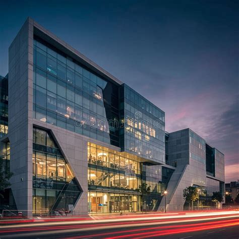 Modern Office Building With A Sleek Angular Design Featuring Extensive Glass Facad Stock