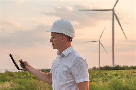 엔지니어는 풍력 터빈의 에너지 생산을 점검하고 있습니다 헬멧과 태블릿에 풍차 공원에서 노동자 건설 산업에 대한 스톡 사진 및 기타 이미지 Istock