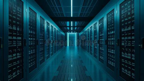 data center rows of server racks illuminated by blue lights high tech