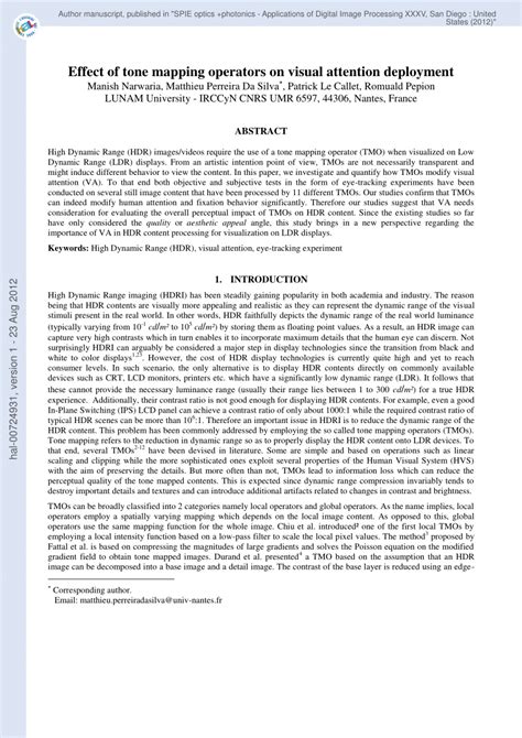 Pdf Effect Of Tone Mapping Operators On Visual Attention Deployment