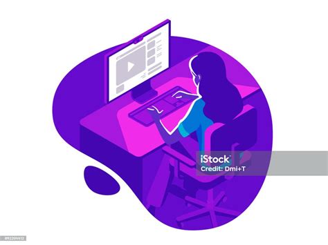 어두운 배경에서 저녁에 컴퓨터에서 작업 하는 여자 아이소메트릭 3d 벡터 일러스트 레이 션 디지털 생성 이미지에 대한 스톡 벡터 아트 및 기타 이미지 Istock