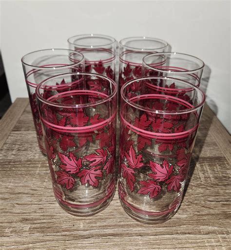 Lot Of 6 Libbey Drinking Glasses With Red Leaves Etsy