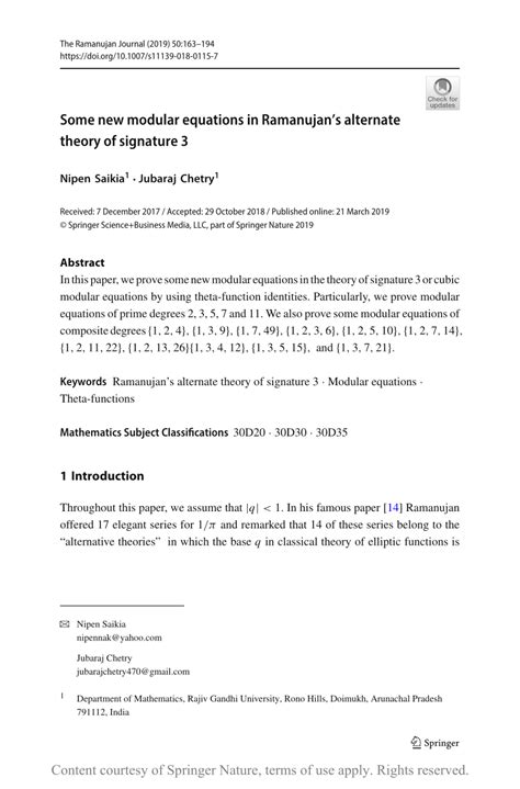 Some New Modular Equations In Ramanujans Alternate Theory Of Signature 3 Request Pdf