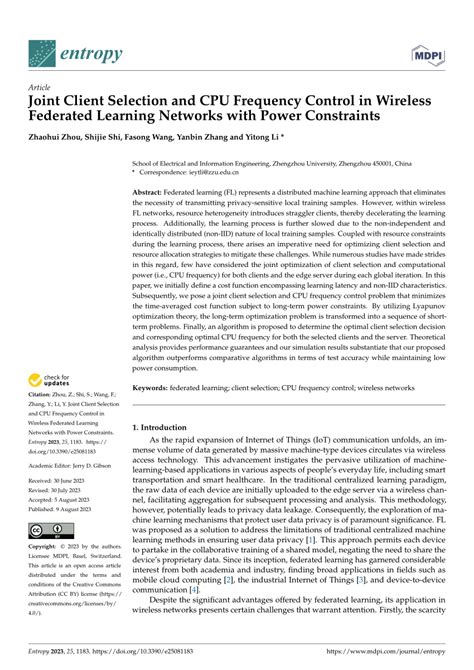 Pdf Joint Client Selection And Cpu Frequency Control In Wireless Federated Learning Networks