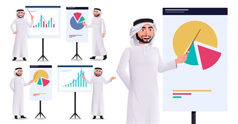 아랍 남자 프리젠 테이션 벡터 문자 세트 아라비아 전문 남성 캐릭터는 에미리트 기업 컬렉션 디자인을위한 비즈니스 그래프 요소를