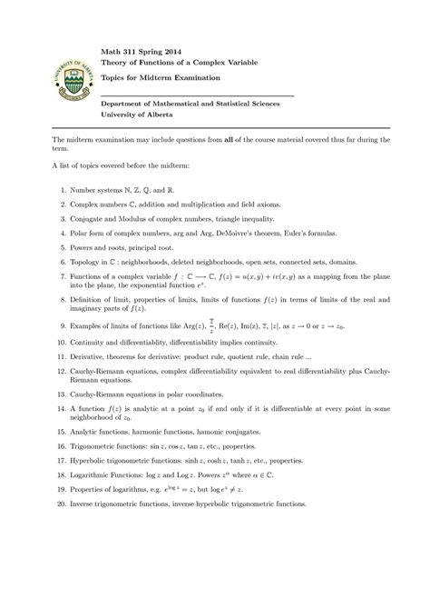 Mt Topics Math 311 Spring 2014 Theory Of Functions Of A Complex