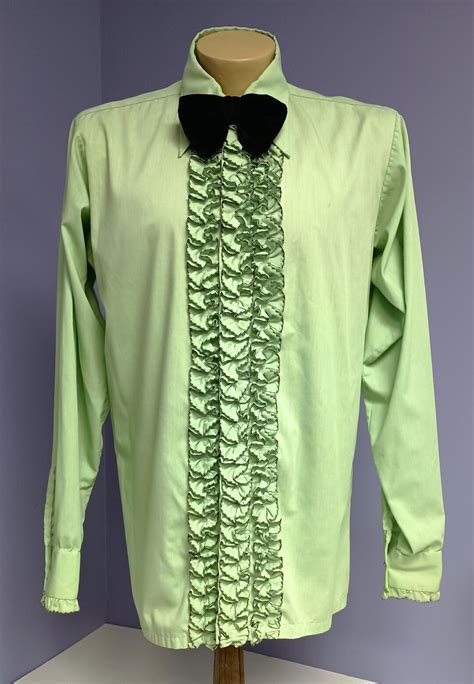 Vintage 70s Ruffled Tuxedo Shirt Mint Green Polycotton Wide Collar