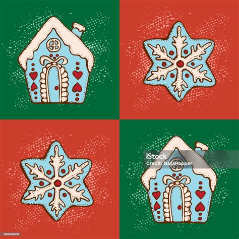 크리스마스 수 제 진저 쿠키입니다 집과 눈송이 패턴입니다 메뉴에 대 한 벡터 일러스트 레이 션 디자인 카페 장식 배달 상자 0