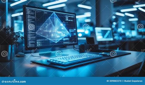 High Tech Workspace With Glowing Blue Screens And Keyboard Stock