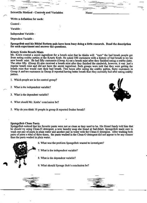 Scientific Method Controls And Variables Spongebob Worksheet Answers