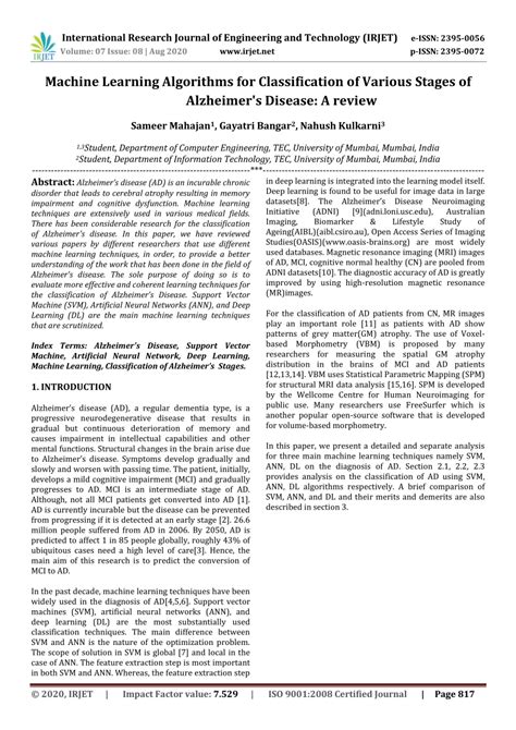 Pdf Irjet Machine Learning Algorithms For Classification Of Various Stages Of Alzheimers