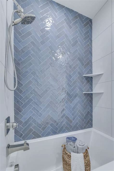 Blue Herringbone Wall Tile Blue Bathroom Tile Ideas Shower Walls