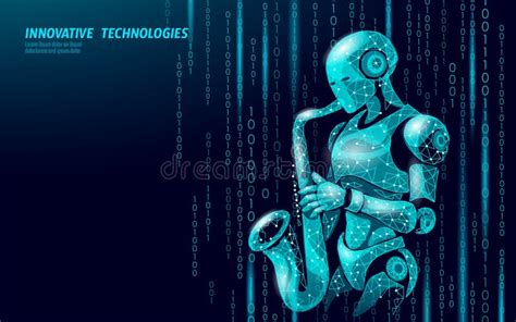 robot playing saxophone binary code background polygonal cyborg
