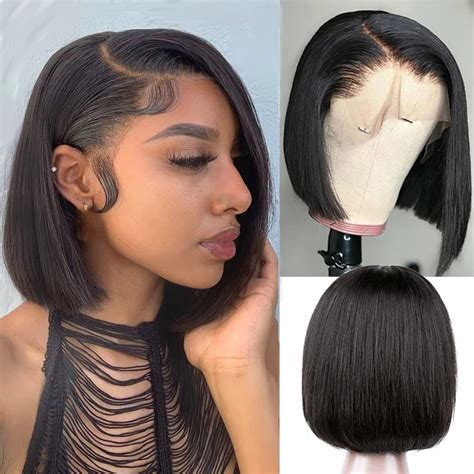 Akcswo 10 Inch Human Hair Frontal Bob Wig 150 Density Black Lace
