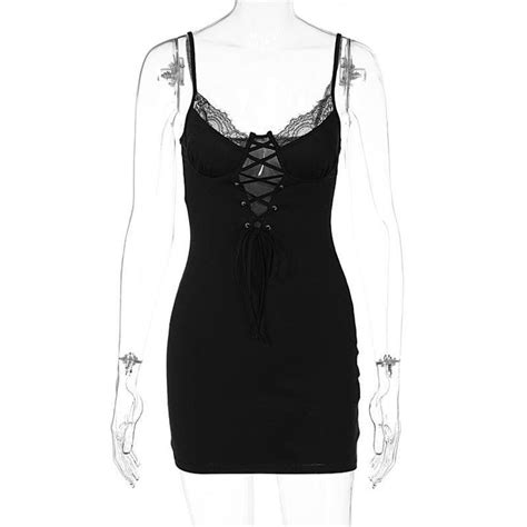 Lace Up Hollow Out Lace Hem Low Cut Cami Mini Dress Black M Mini