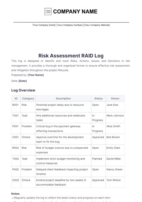 Free Risk Assessment Raid Log Template To Edit Online