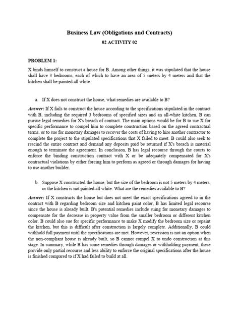Business Law Obligations And Contracts 02 Activity 01 Pdf Breach Of Contract Legal Remedy
