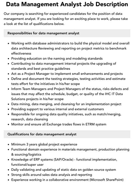 Data Management Analyst Job Description Velvet Jobs
