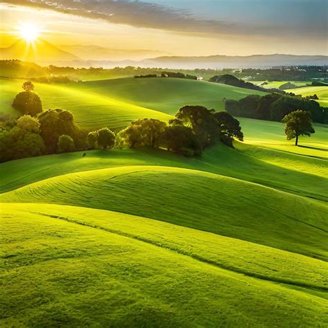 Premium Ai Image High Green Grassy Hill With Sunset