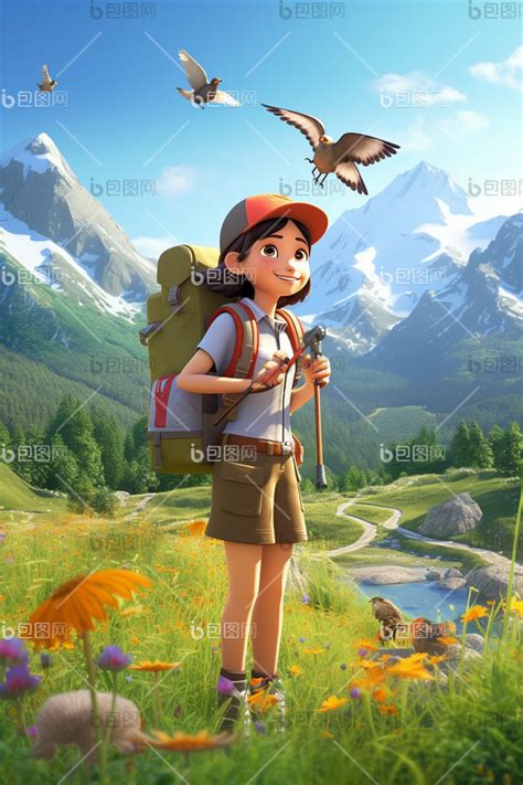 夏天女孩户外徒步爬山旅游旅游花鸟夏季高清图片下载 包图网
